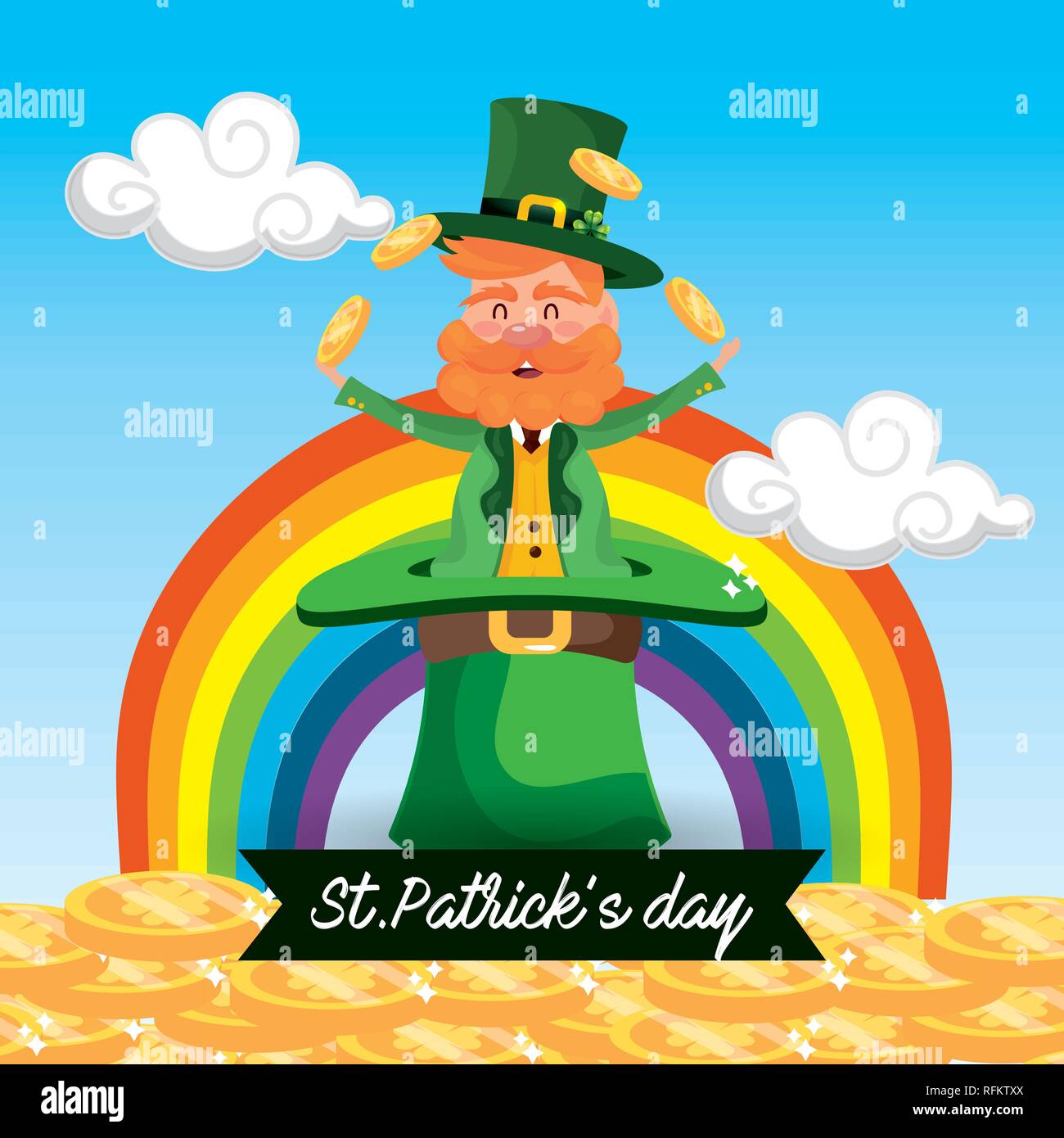 st patrick man in the hat with coins and rainbow Stock Vector Image ...