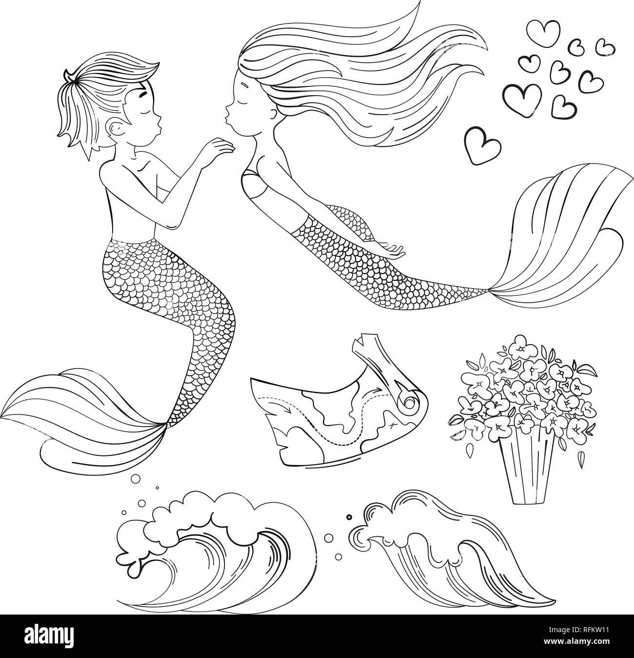 MERMAID LOVER Cartoon Monochrome Vector Illustration Set for Print ...