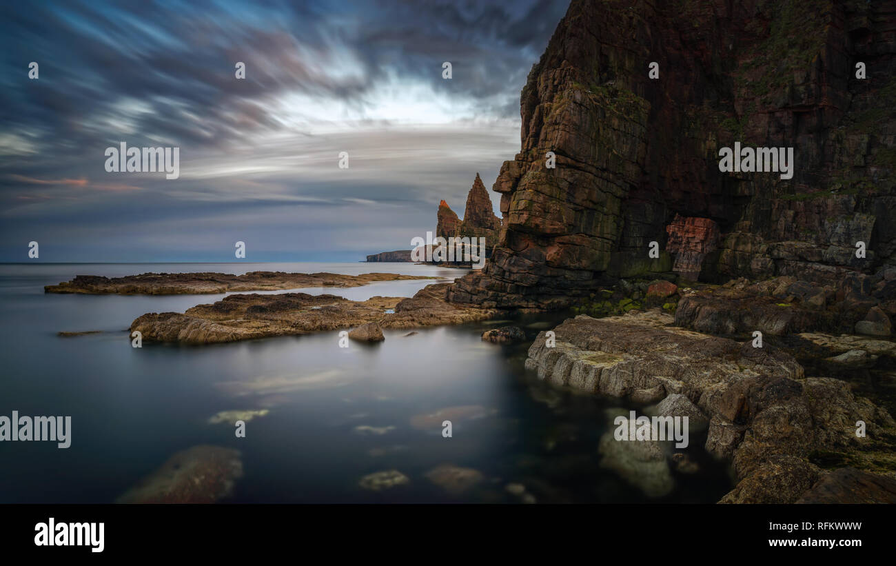 Panorama of Duncanby Head rocks in sunset light, northern Scotland ...