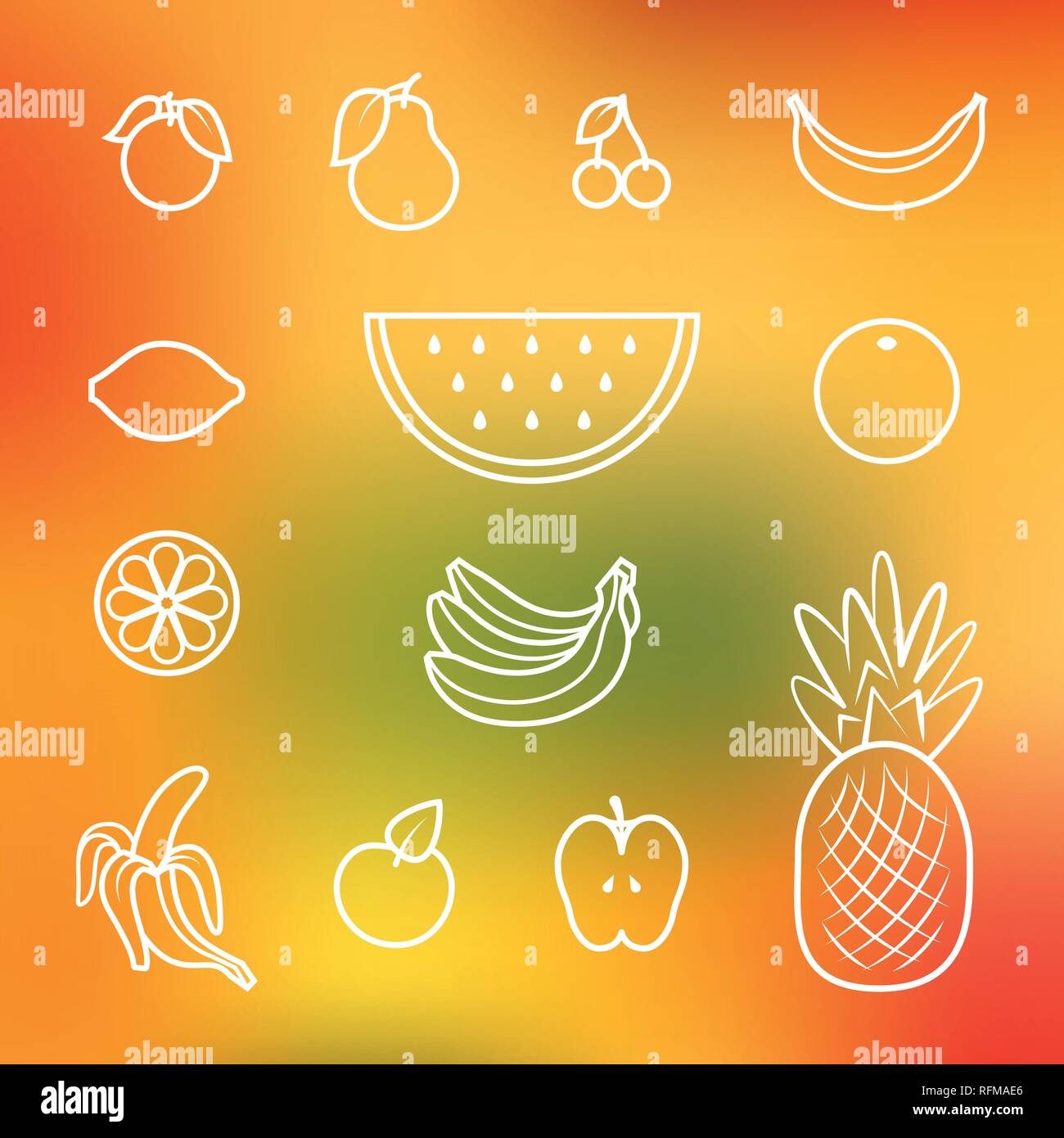 Set of fruit icons on gradient mesh background. Vector illustration ...