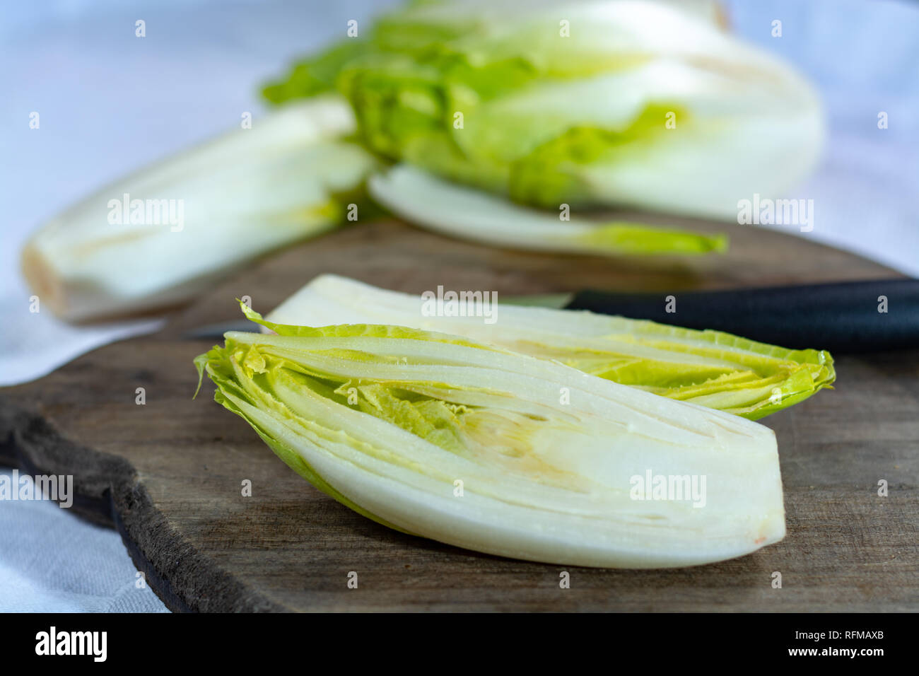 Group of fresh raw green Belgian endive or hicory vegetables, also ...