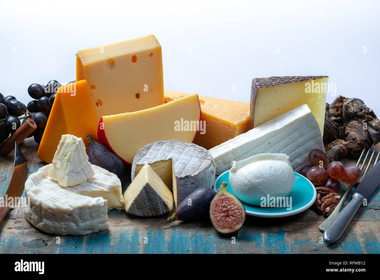 Famous European cheeses in assortment, Dutch red ball Edam and old ...