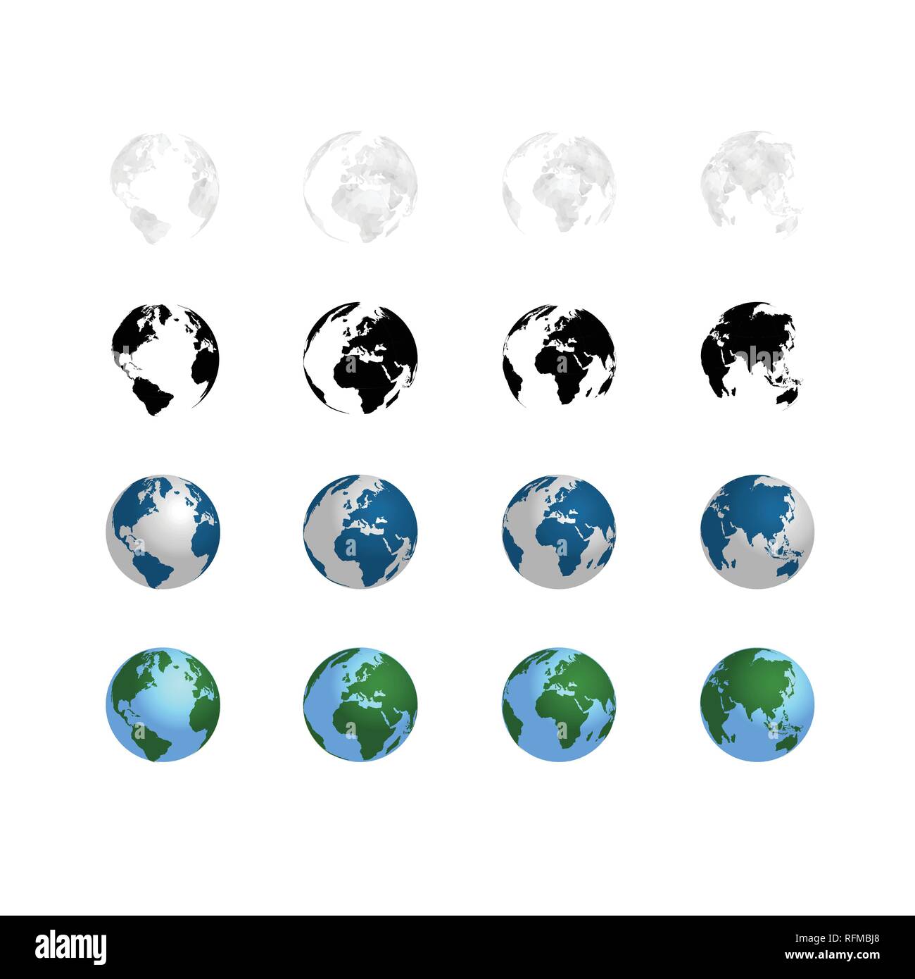 Set of world maps or globes in various angles isolated on white vector ...