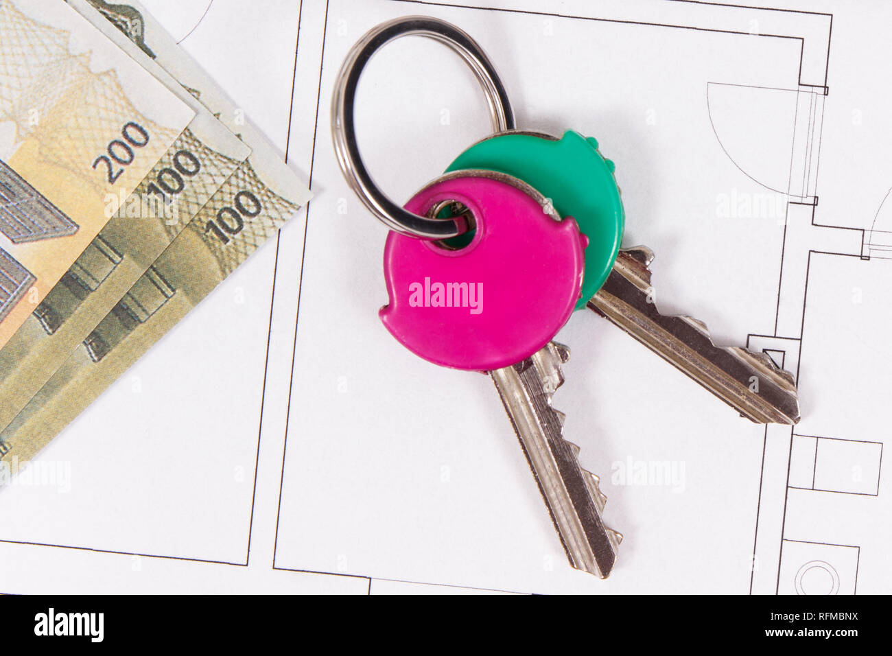 Home keys and currencies euro on electrical construction diagrams of ...