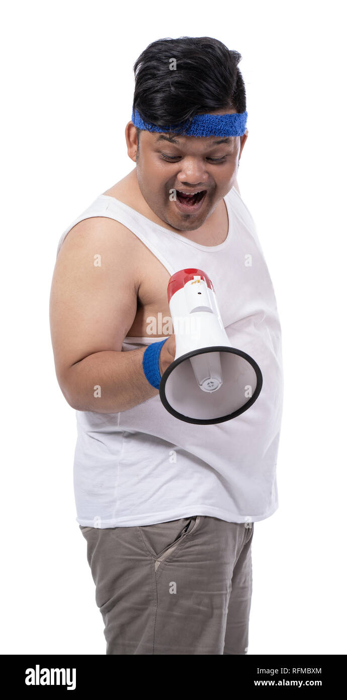 portrait of fat young man open his mouth with megaphone Stock Photo - Alamy