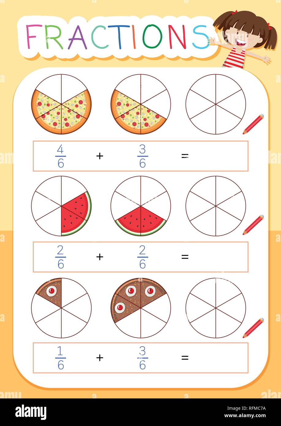 A math fraction worksheet illustration Stock Vector Image & Art - Alamy