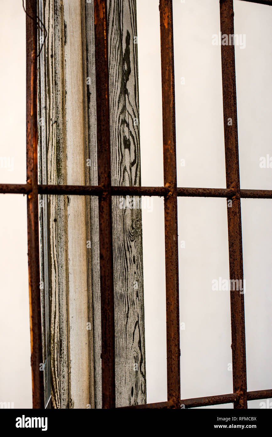 broken old window with grid and wooden frame Stock Photo - Alamy