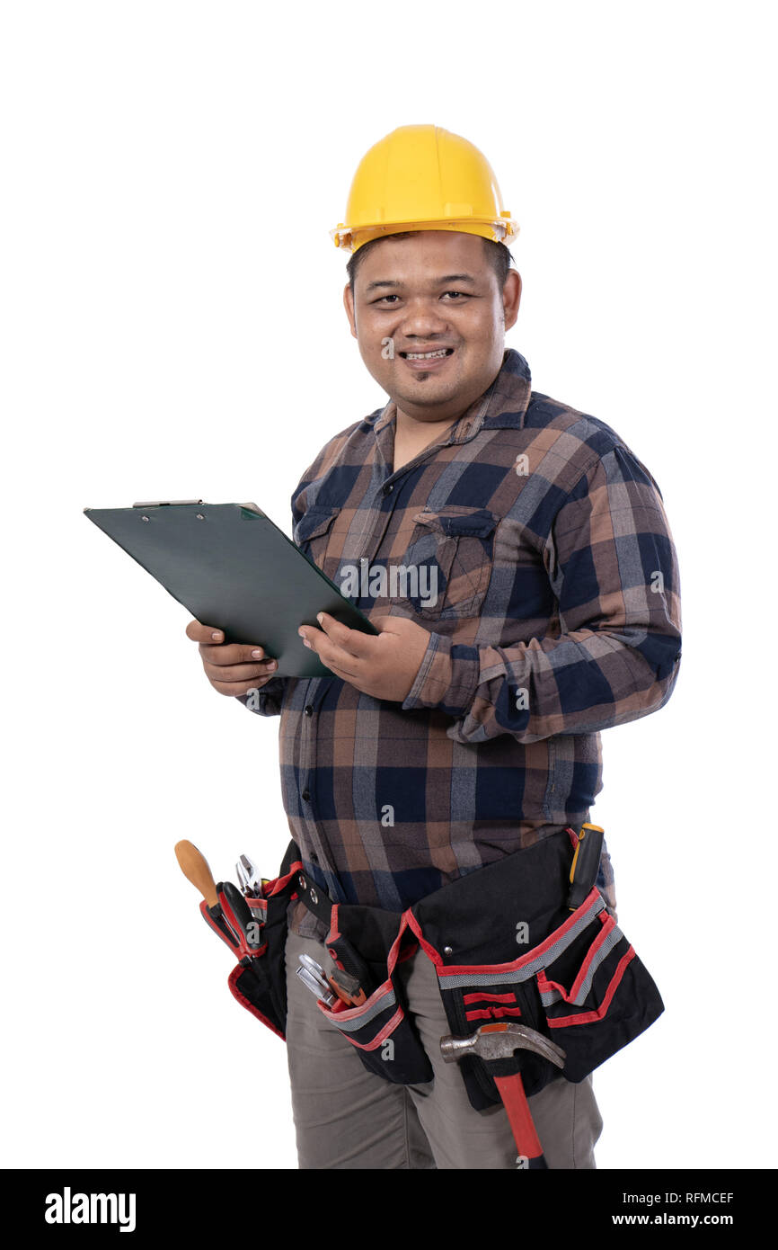 portrait of mechanic wearing helmet holding a clipboard Stock Photo - Alamy
