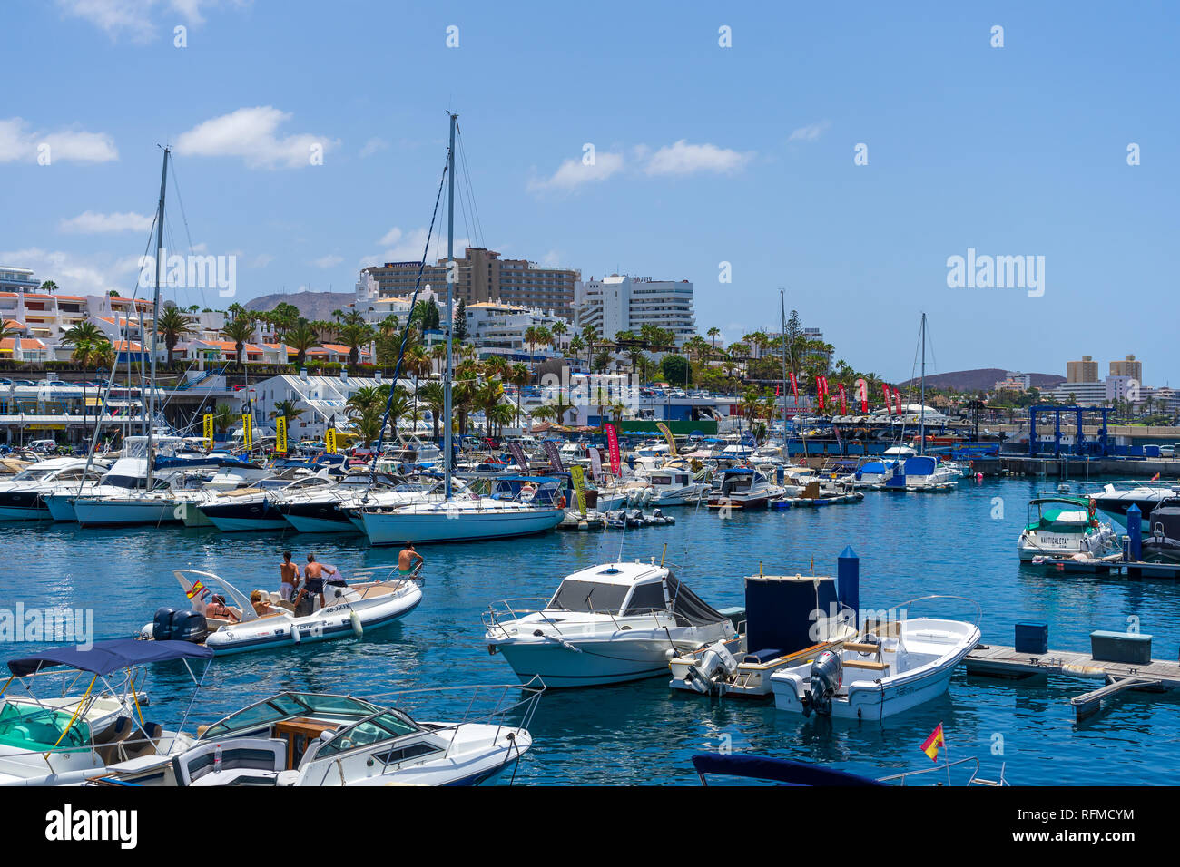 COSTA ADEJE, TENERIFE, CANARY ISLANDS, SPAIN - JULY 26, 2018: Sea port ...