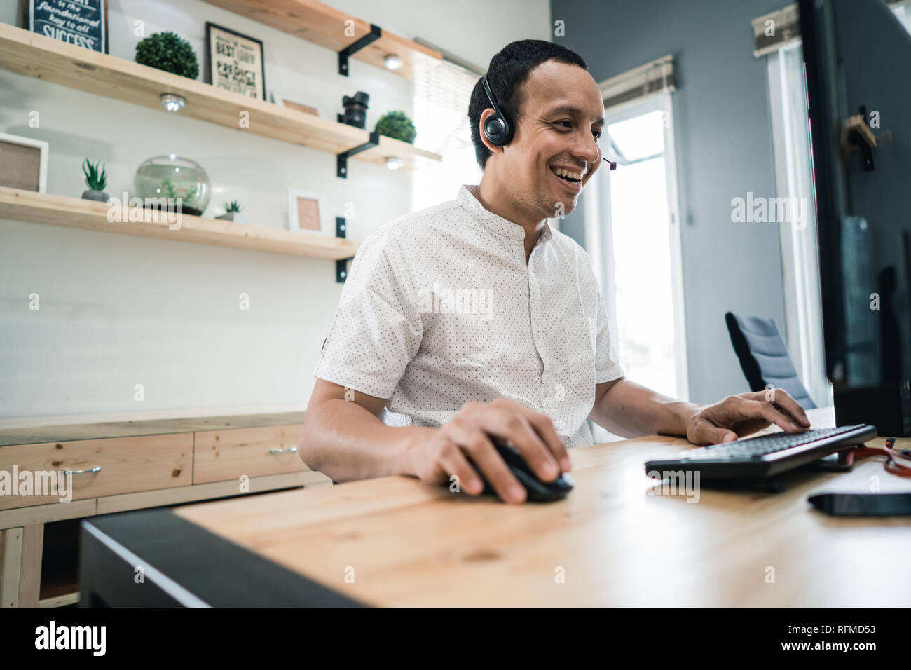 portrait of telecommunication worker happy when do the work Stock Photo ...