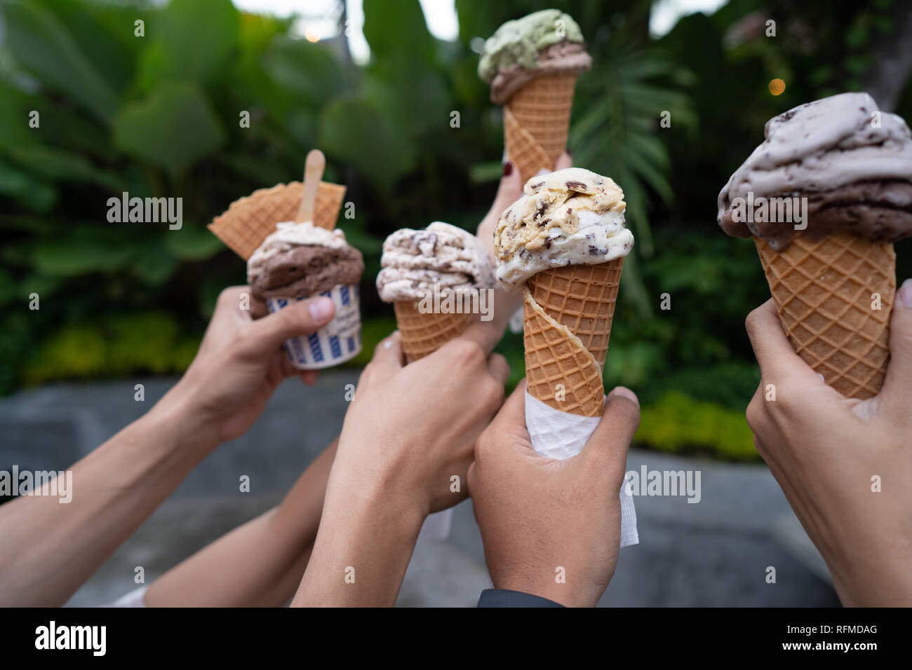 portrait of hands holding ice cream cone background green trees Stock ...