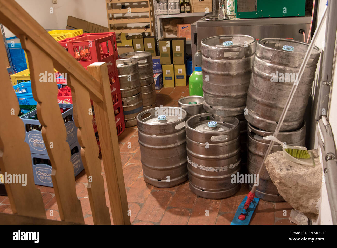 The depot of pub with barrels of beer. Beverage storage in the basement ...