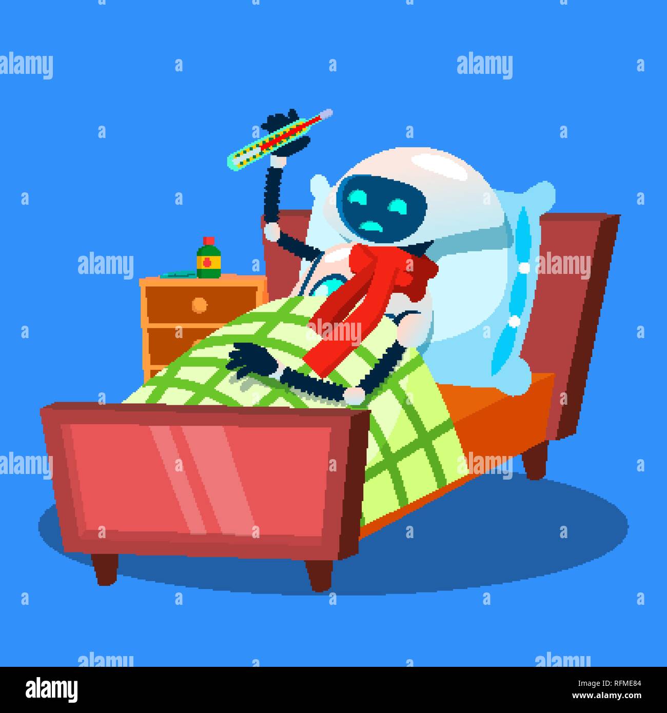 Ill Robot With Warm Scarf Around Neck And Thermometer In Mouth Vector ...