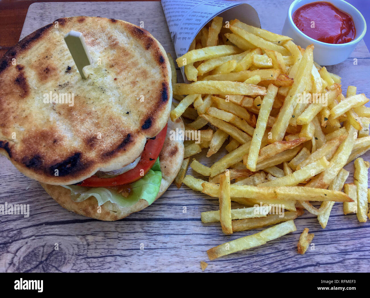 Overhead of Gourmet Burger and Fries Stock Photo - Alamy