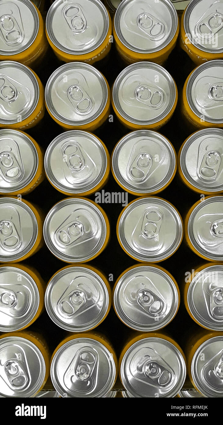 Close-up from above of many Beverage Cans in a Row. Beverage Cans made ...
