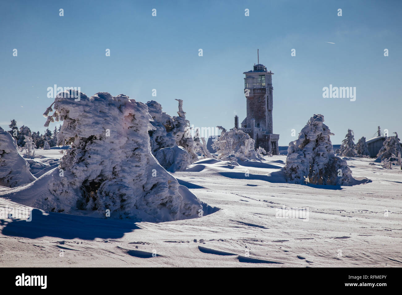 Sunny winter landscape - iced trees and tower in the black forest Stock ...