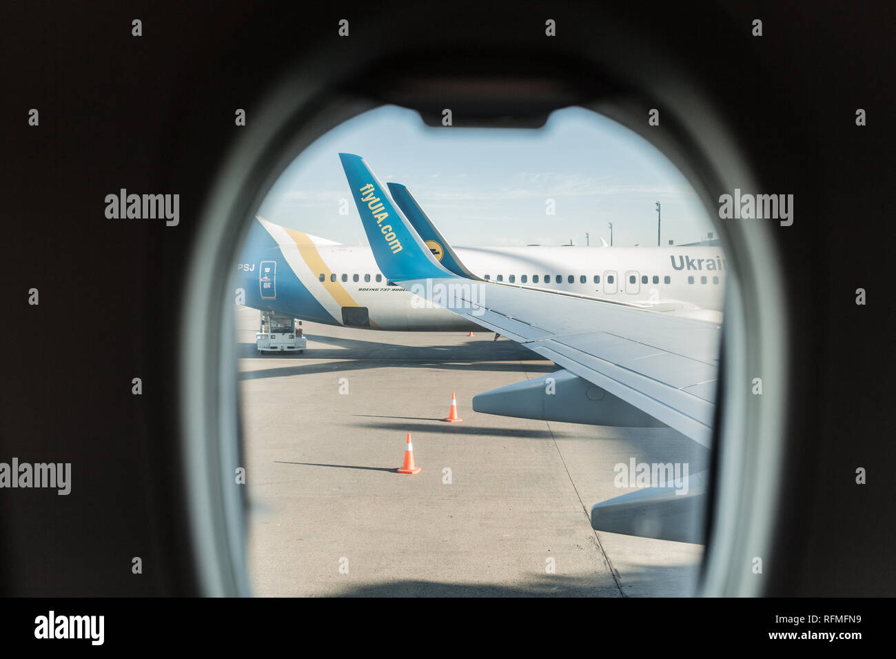 Passenger plane UIA Ukrain International Airlines in the airport ...