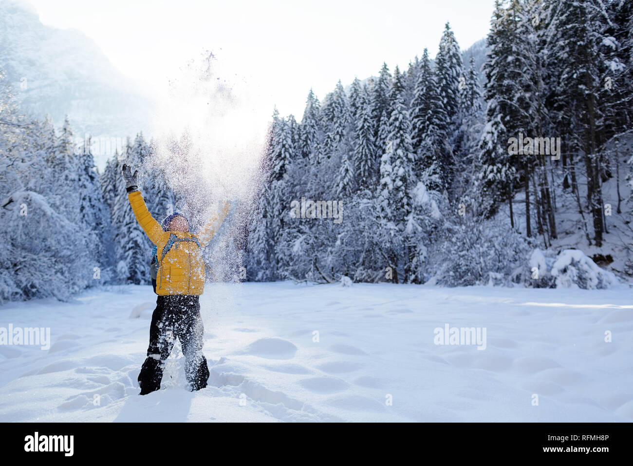 Young boy in yellow winter jacket playing in snow in winter wonderland ...