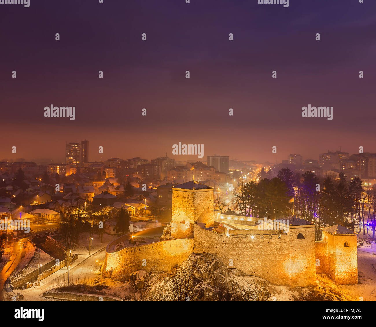 Distant, misty cityscape and a tall building framed by dark treas ...