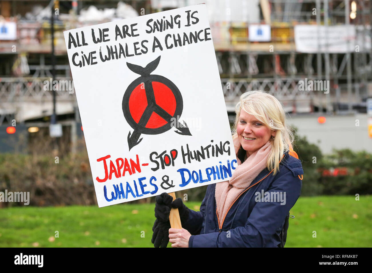 A woman is seen holding a placard during the protest against Japanese ...