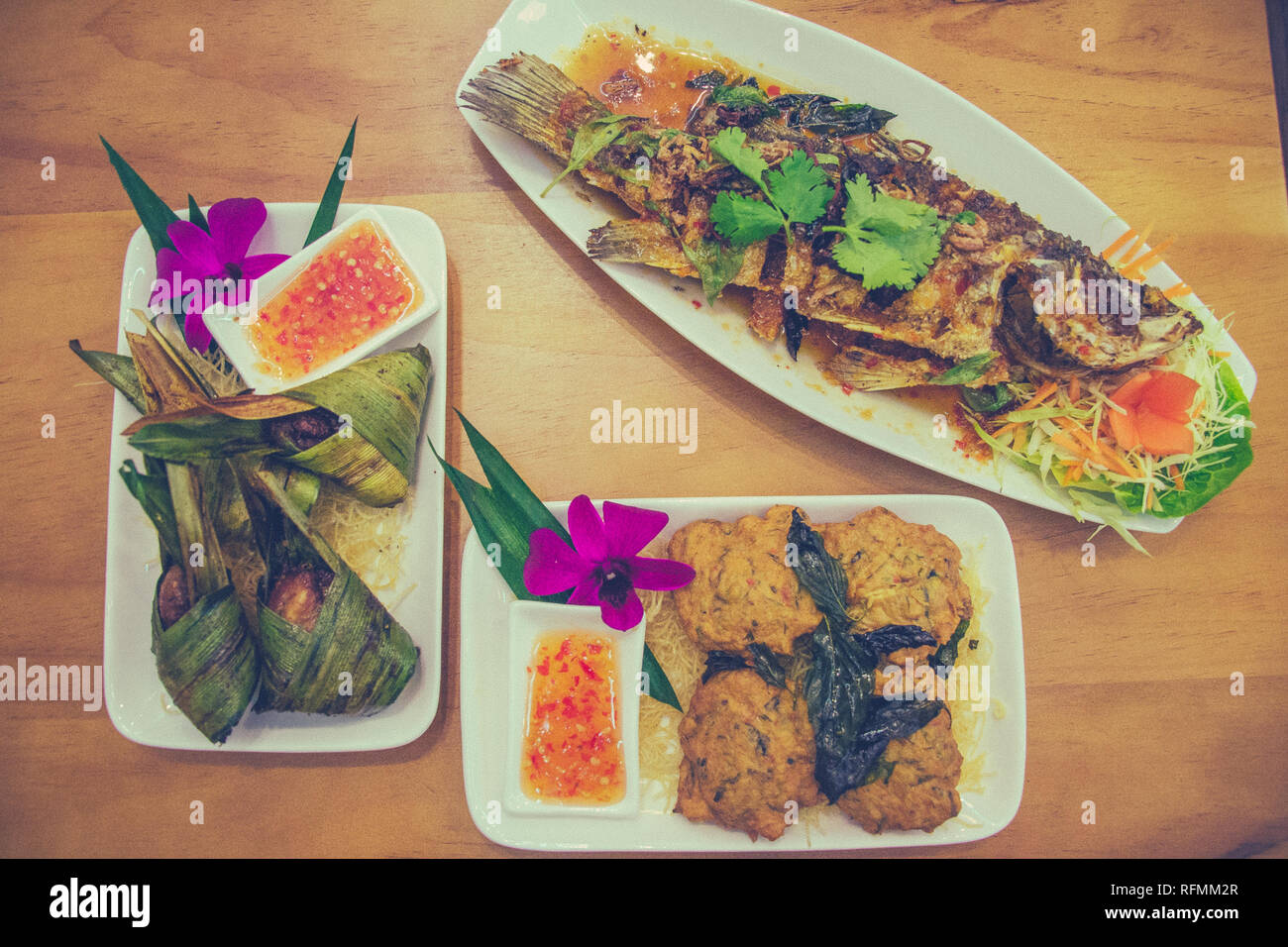 Thai dishes Thai Fish Cake "Tod Mun Pla" , Pandan Leaf Chicken "Gai Hor ...