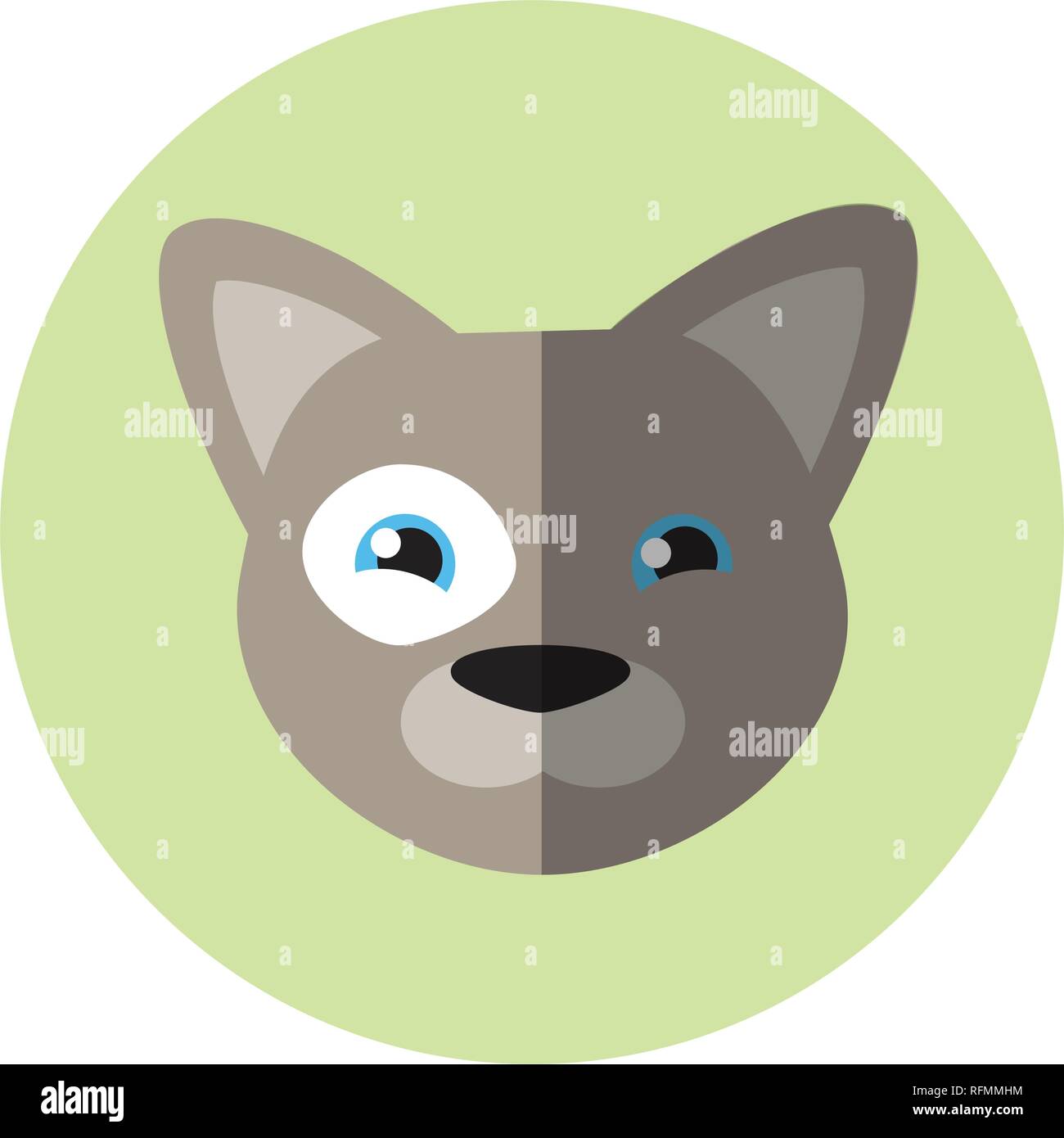 Vector flat round icon. Grey dog on green background. French bulldog ...