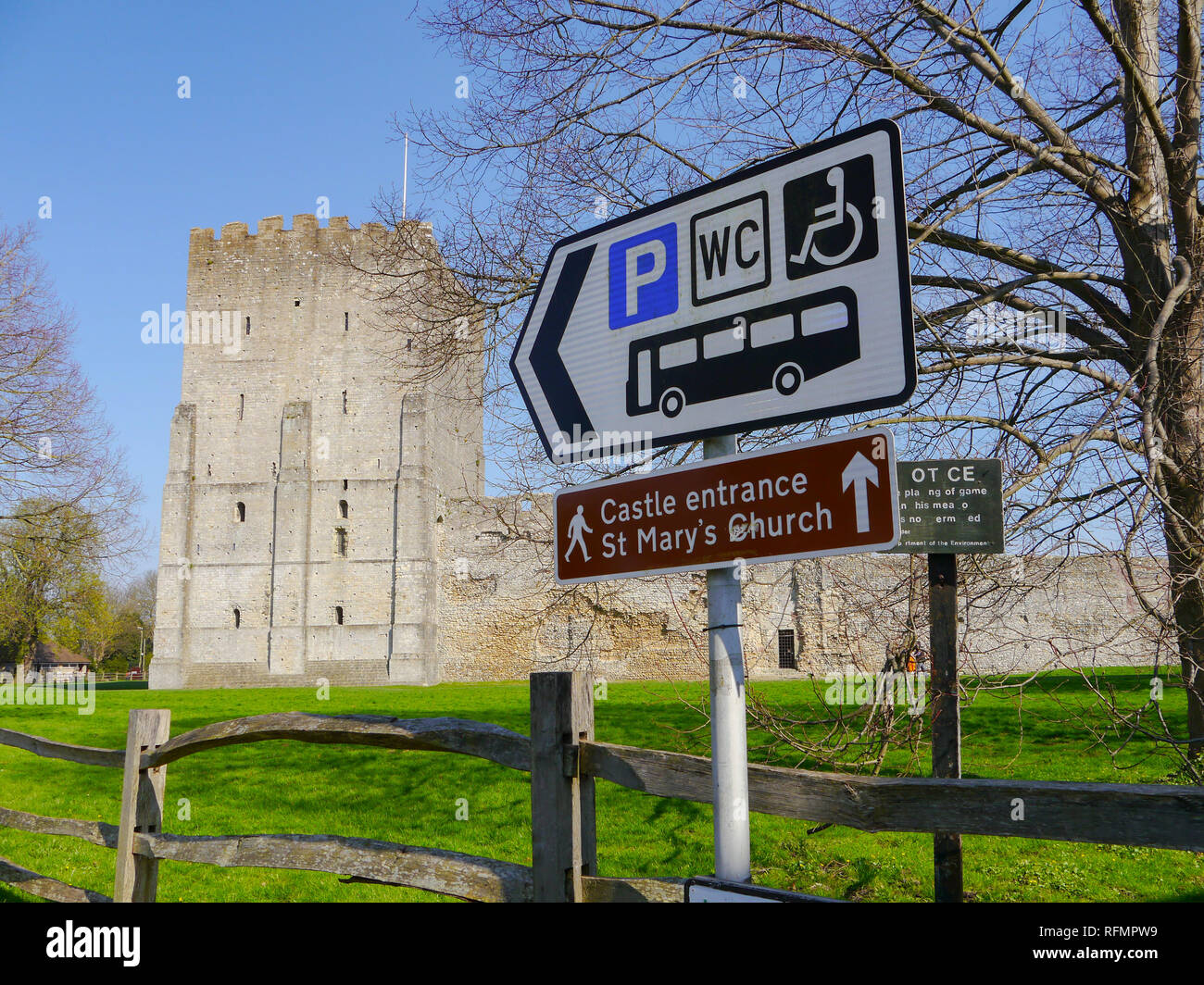 Tourist signs outside of Portchester Castle, Hampshire, England Stock ...