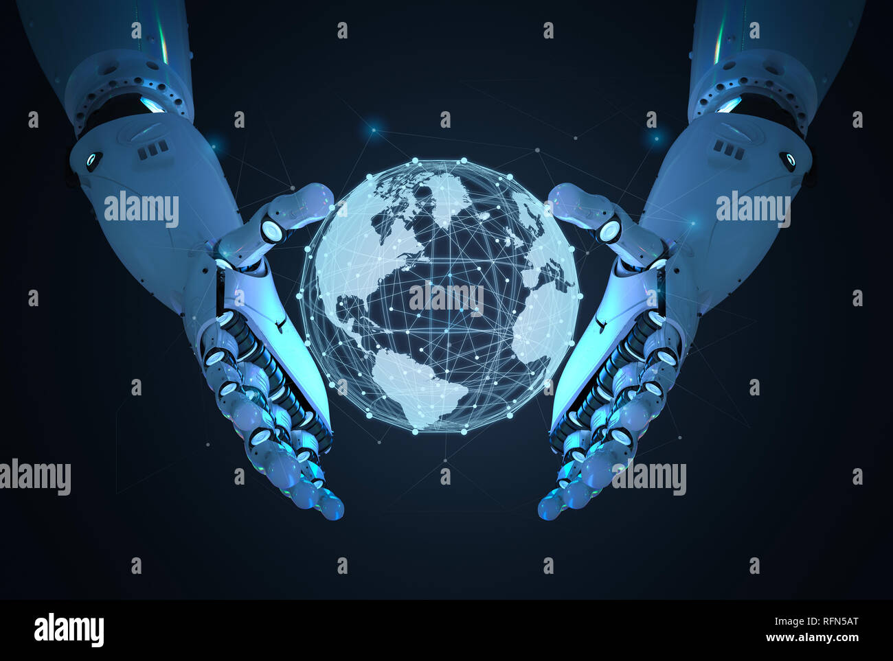 Globalization technology concept with 3d rendering robot with global ...