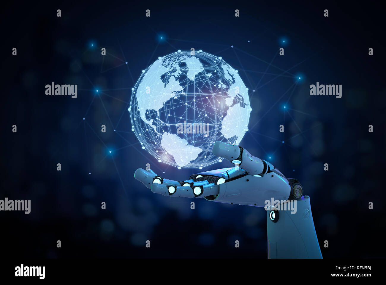 Globalization technology concept with 3d rendering robot with global ...