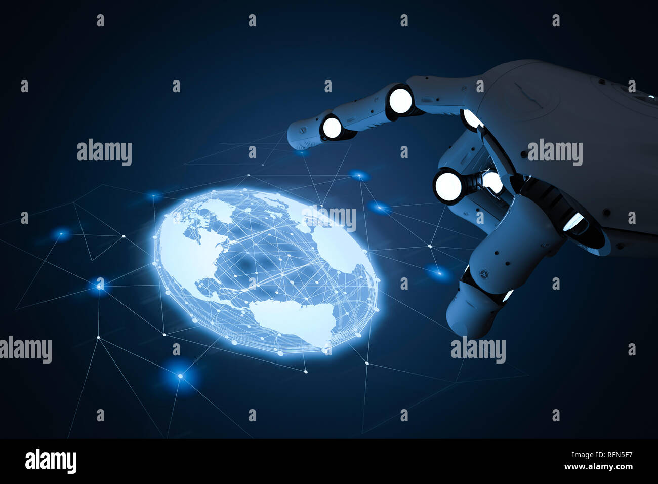 Globalization technology concept with 3d rendering robot with global ...