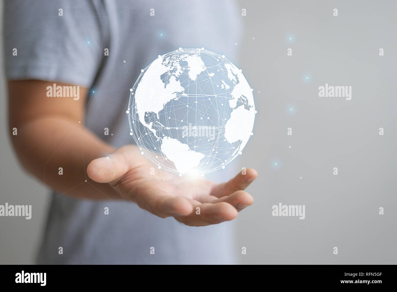 Globalization concept with hand holding world graphic illustration ...