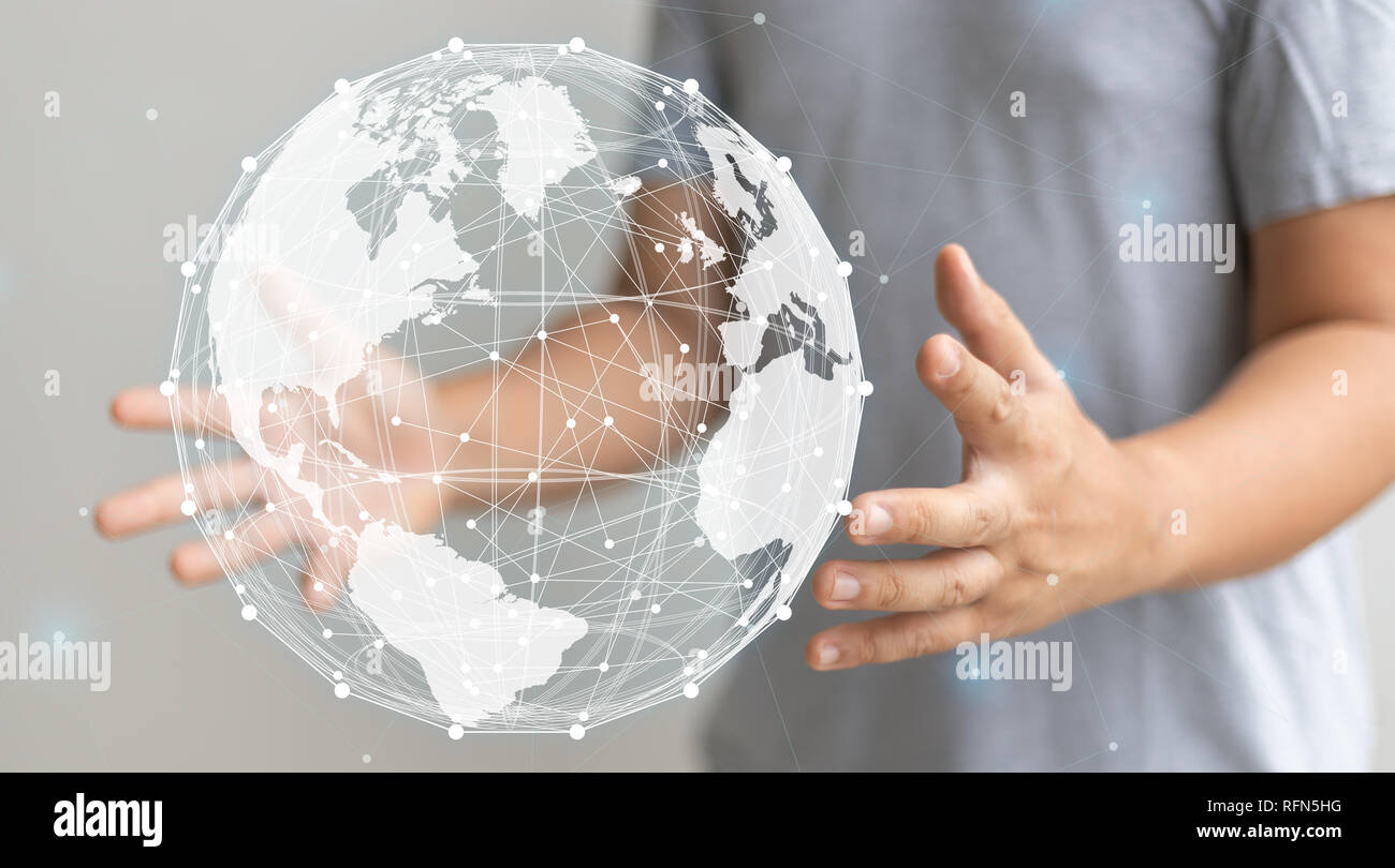 Globalization concept with hand holding world graphic illustration ...