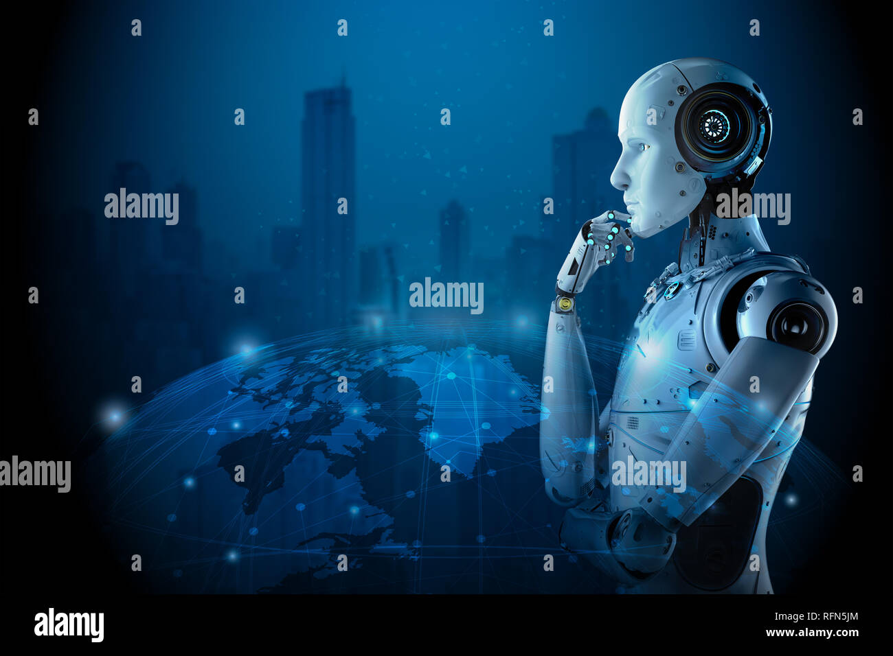 Globalization technology concept with 3d rendering robot with global ...