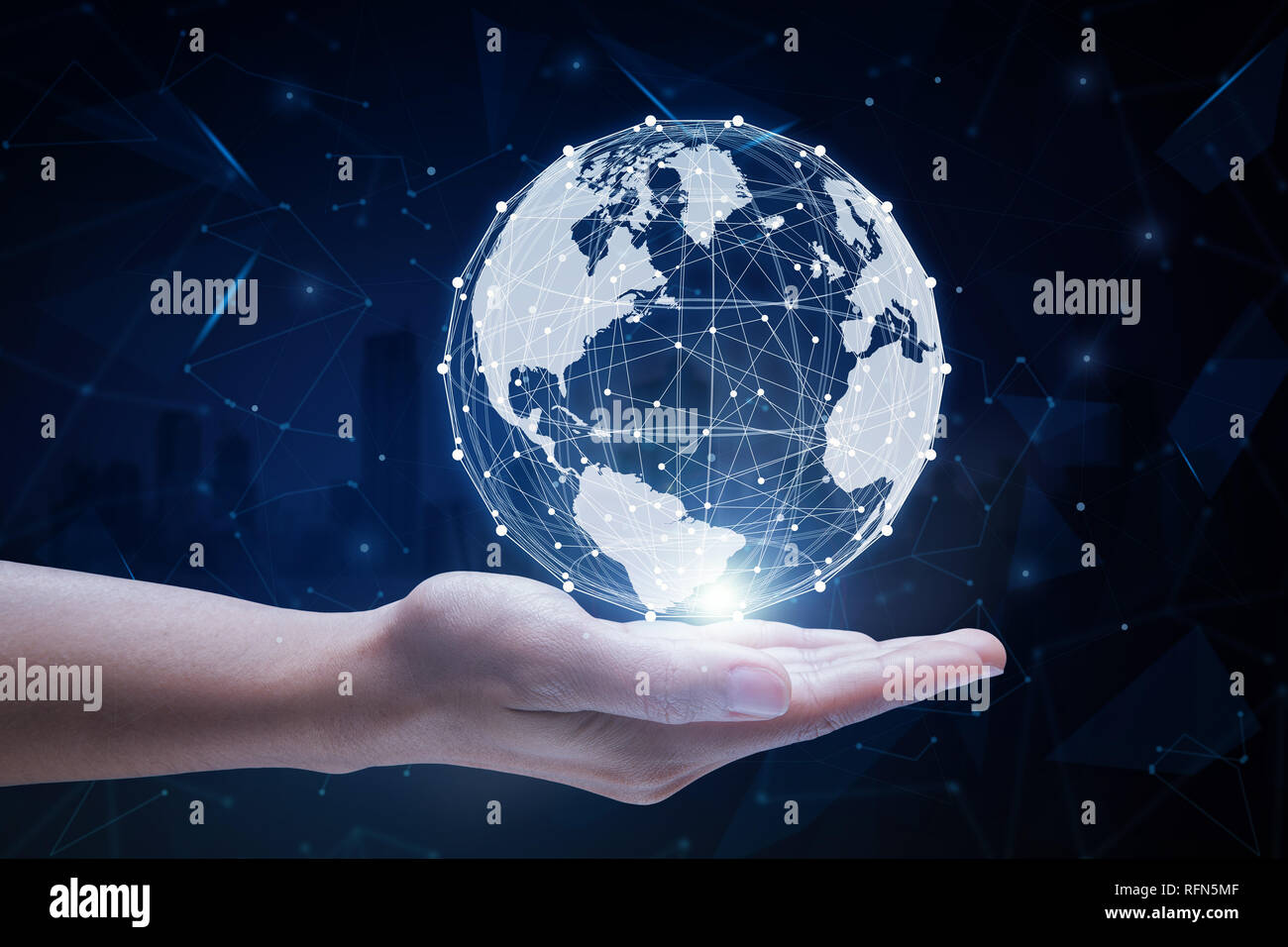 Globalization concept with hand holding world graphic illustration ...