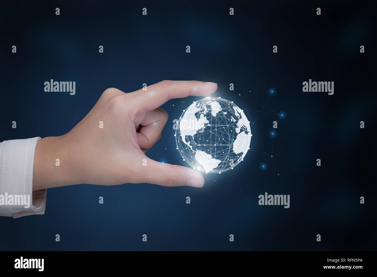 Globalization concept with hand holding world graphic illustration ...