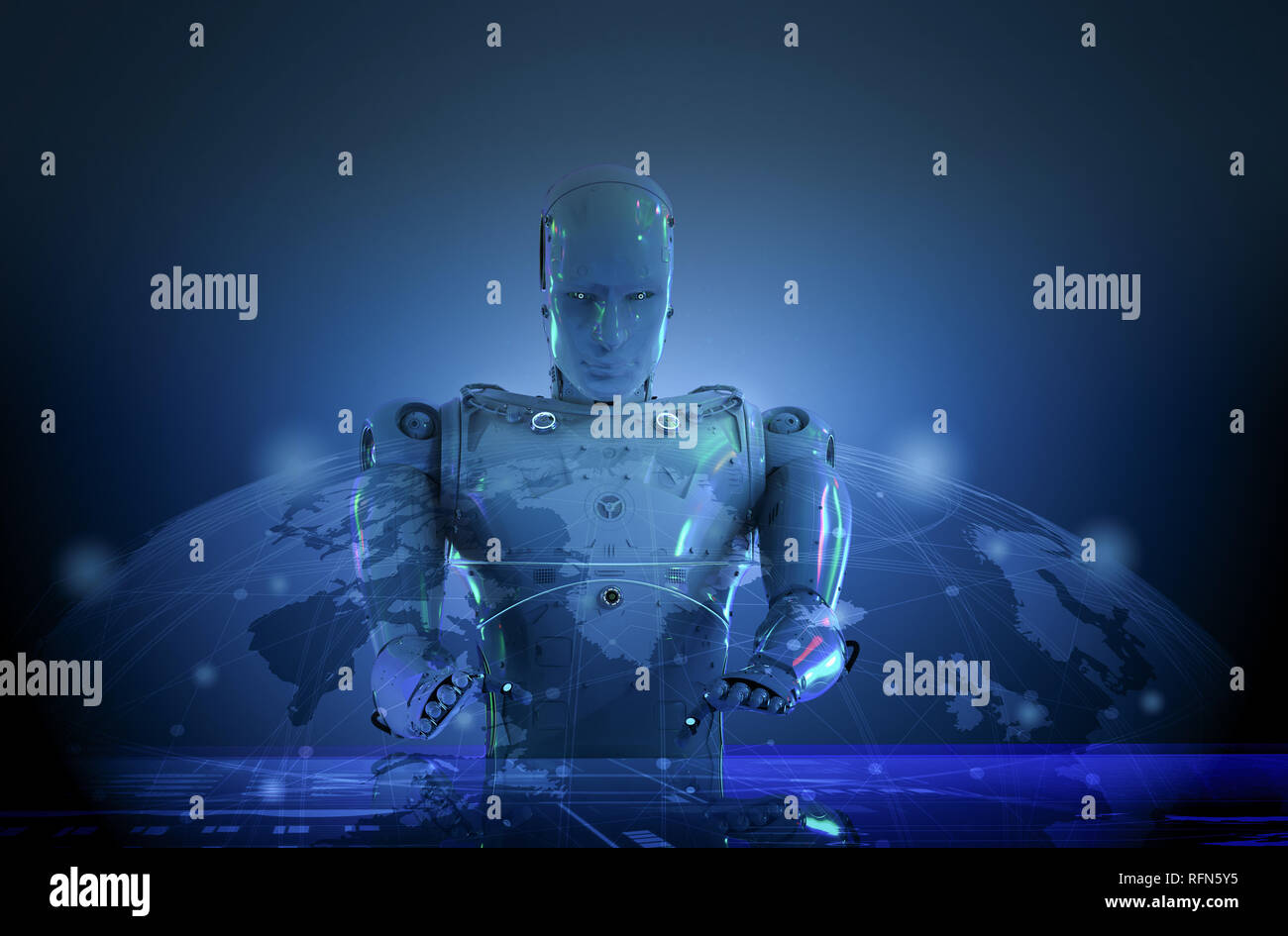 Globalization technology concept with 3d rendering robot with global ...