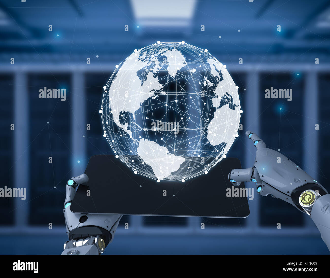 Globalization technology concept with 3d rendering robot with global ...