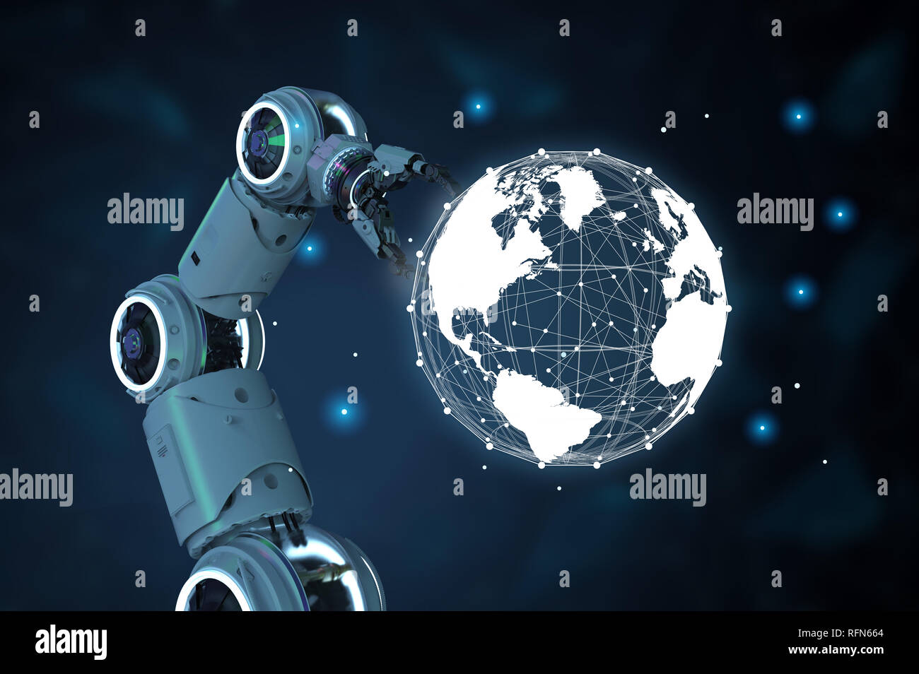 Globalization technology concept with 3d rendering robot hand with ...