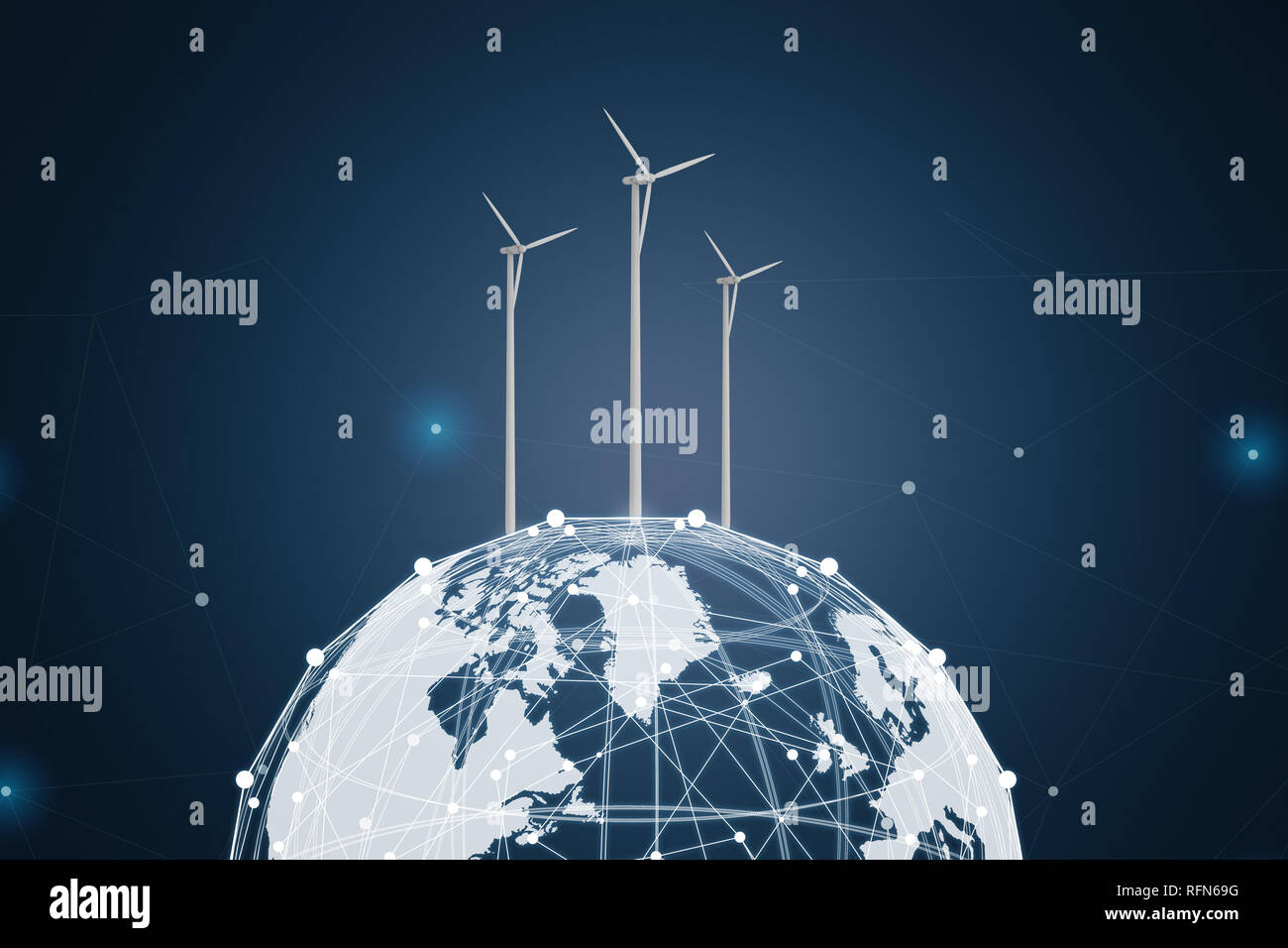 Global energy concept with 3d rendering wind turbines on globe Stock ...