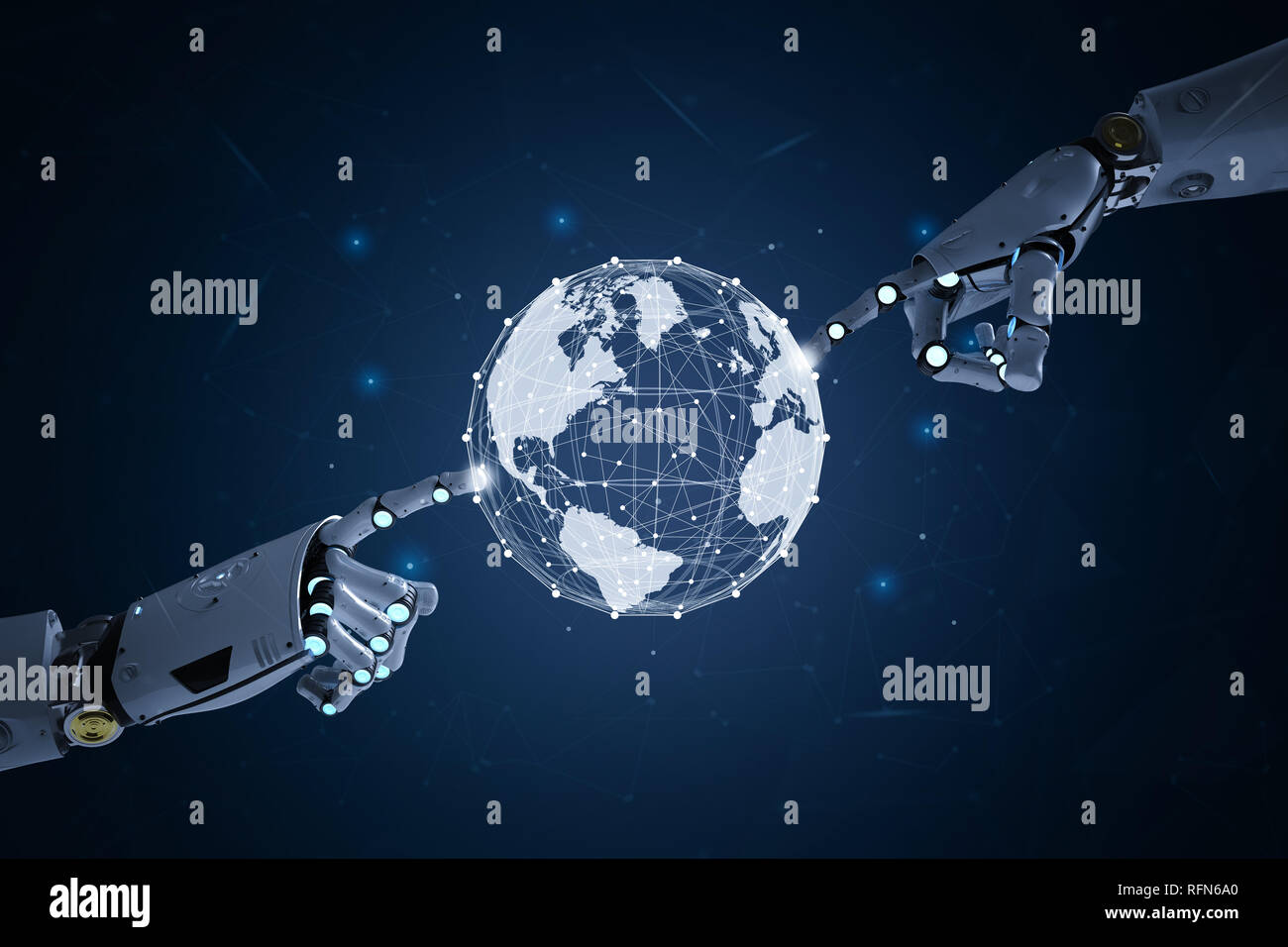 Technology connection concept with 3d rendering robot hand connect ...