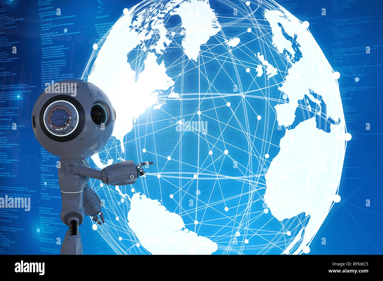 Globalization technology concept with 3d rendering robot with global ...