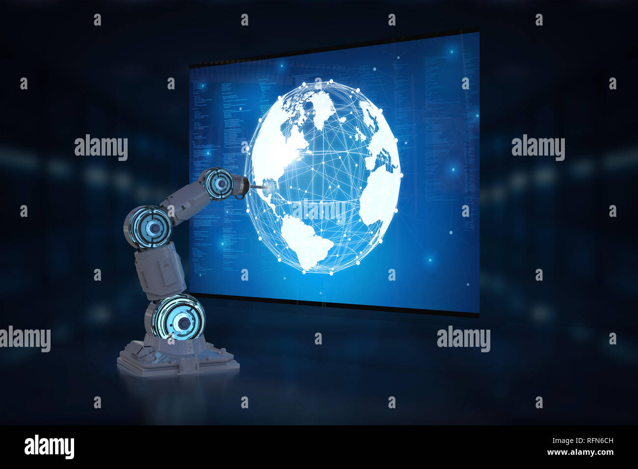 Globalization concept with 3d rendering robot hand with world ...