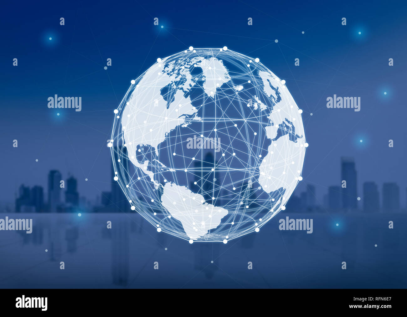 Globalization concept with world graphic illustration on cityscape ...