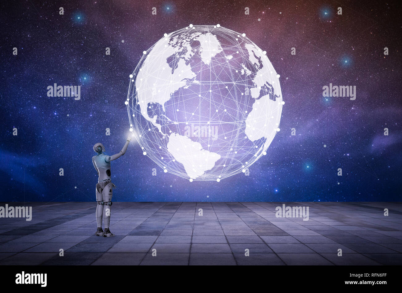 Globalization technology concept with 3d rendering robot with global ...