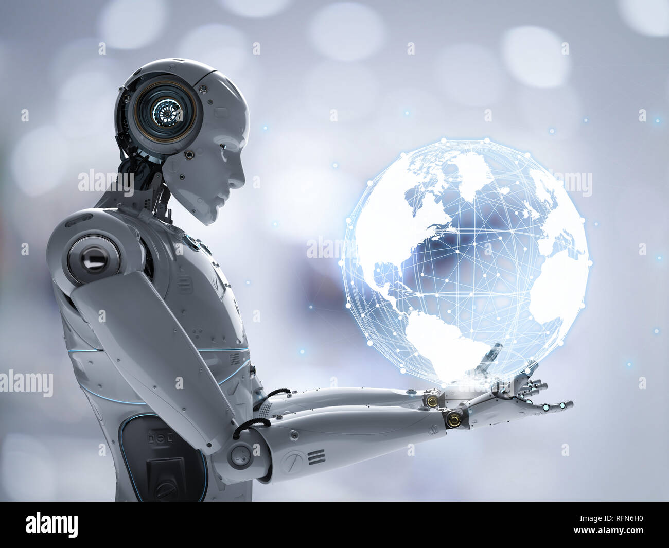 Globalization technology concept with 3d rendering robot with global ...