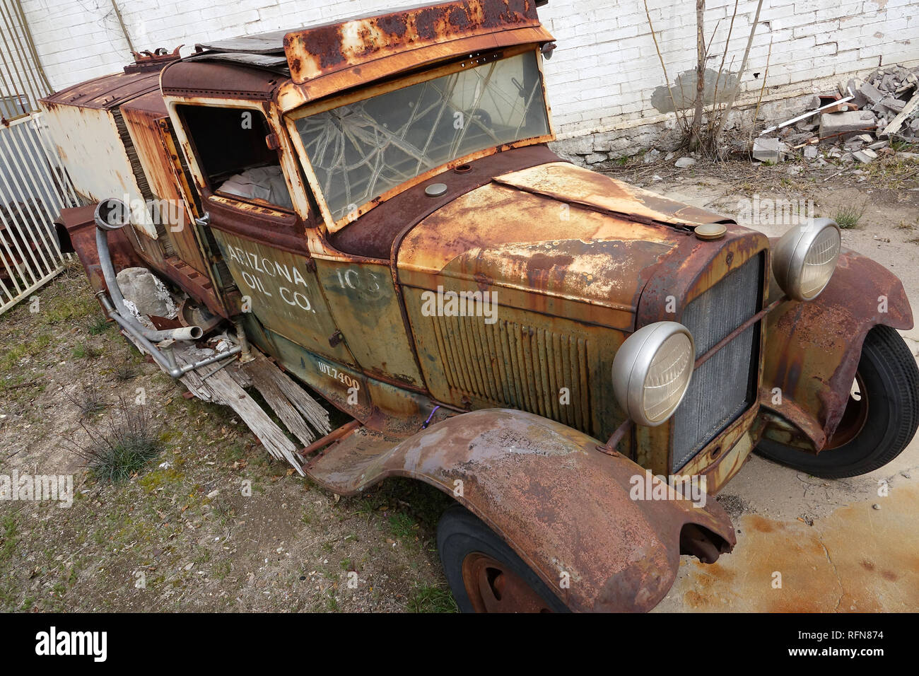 A vintage car is left to rot and decay in Miami, Arizona Stock Photo ...