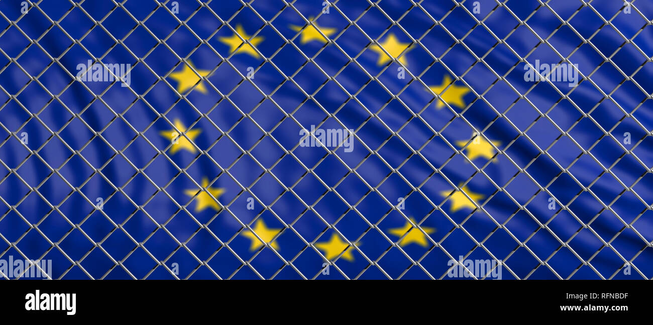 EU and migration border fence. European Union flag behind a steel wire ...