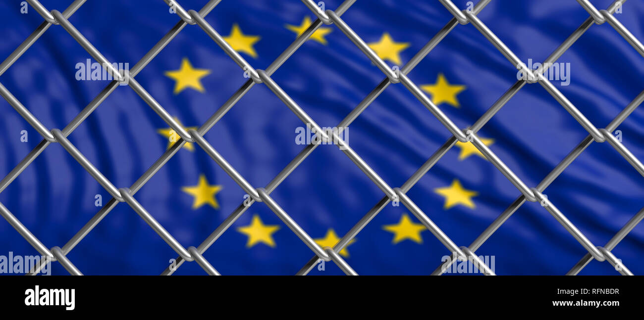 EU and migration border fence. European Union flag behind a steel wire ...