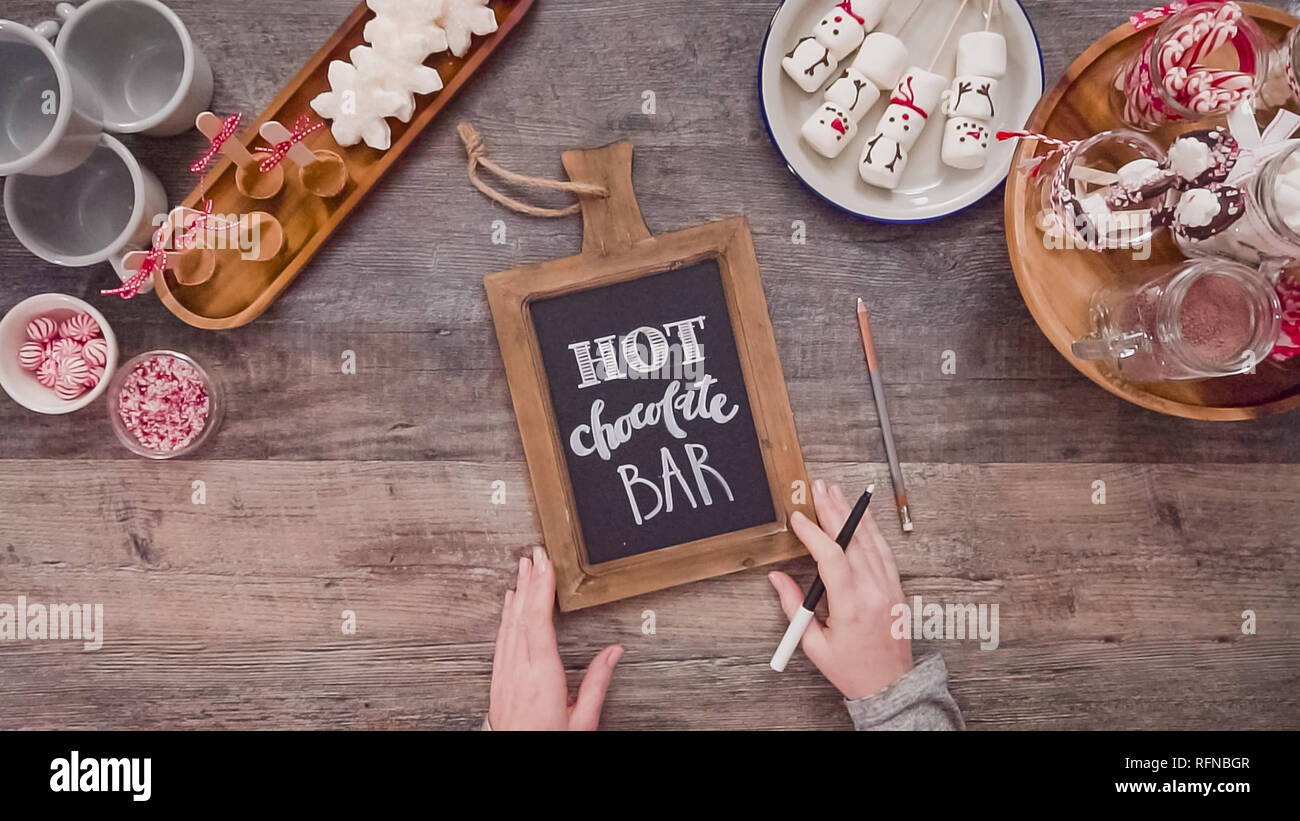 Step by step. Flat lay. Writing chalk board sign-Hot Chocolate Bar- for ...