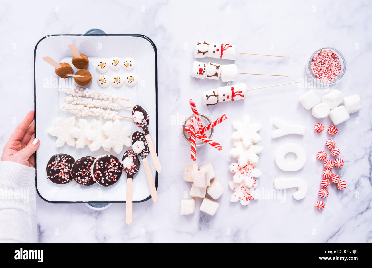 Flat lay. Variety of marshmallow toppings with peppermint and chocolate ...